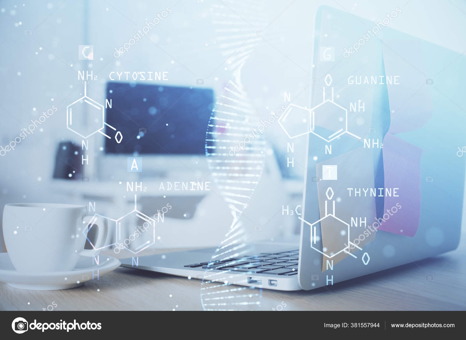 Desktop computer background and DNA drawing. Double exposure. Science ...