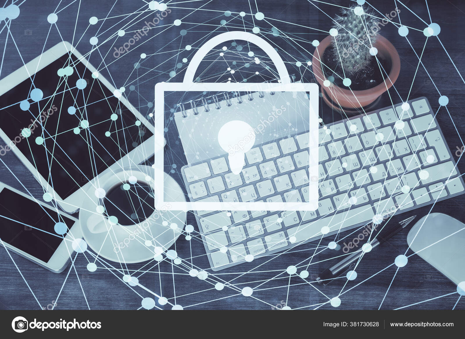 Double exposure of lock drawing over desktop. Top view. Security ...