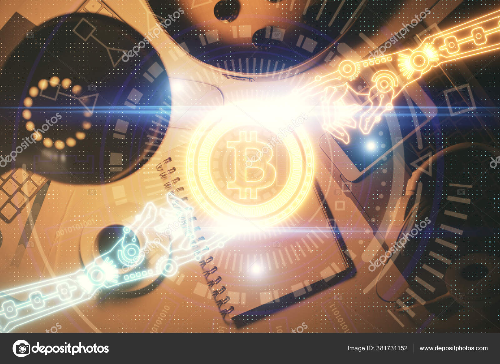 Multi exposure of crypto theme drawing and work table top veiw. Concept ...