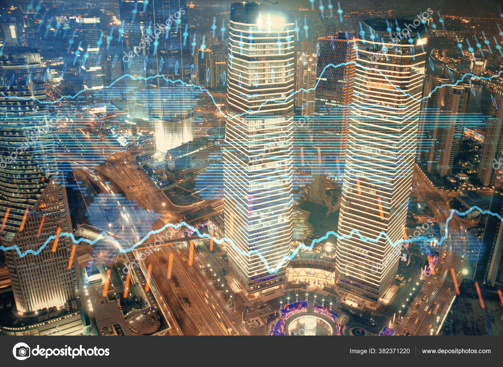 Financial chart on city scape with tall buildings background multi ...