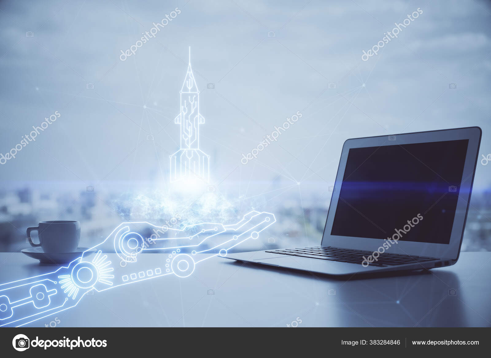 Desktop computer background in office and start up theme hologram ...