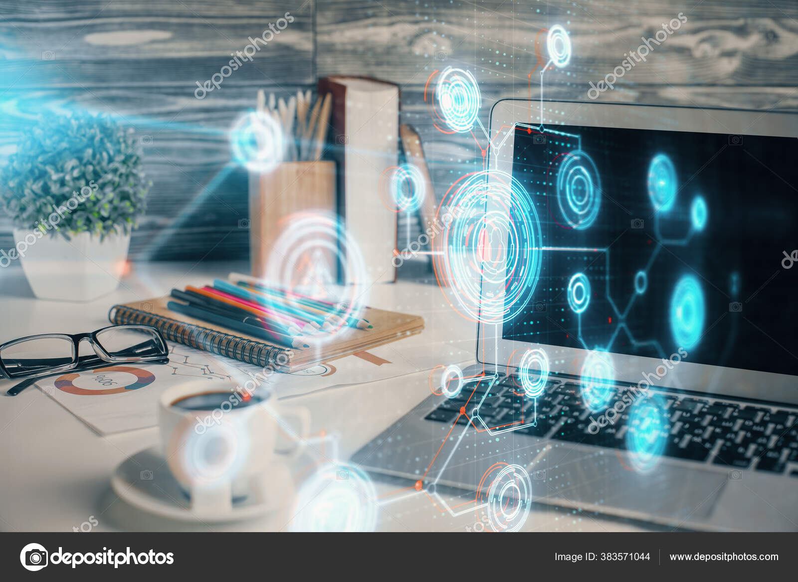 Double exposure of desktop with computer on background and tech theme ...