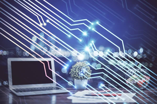 Double exposure of computer and technology theme drawing. Concept of ...