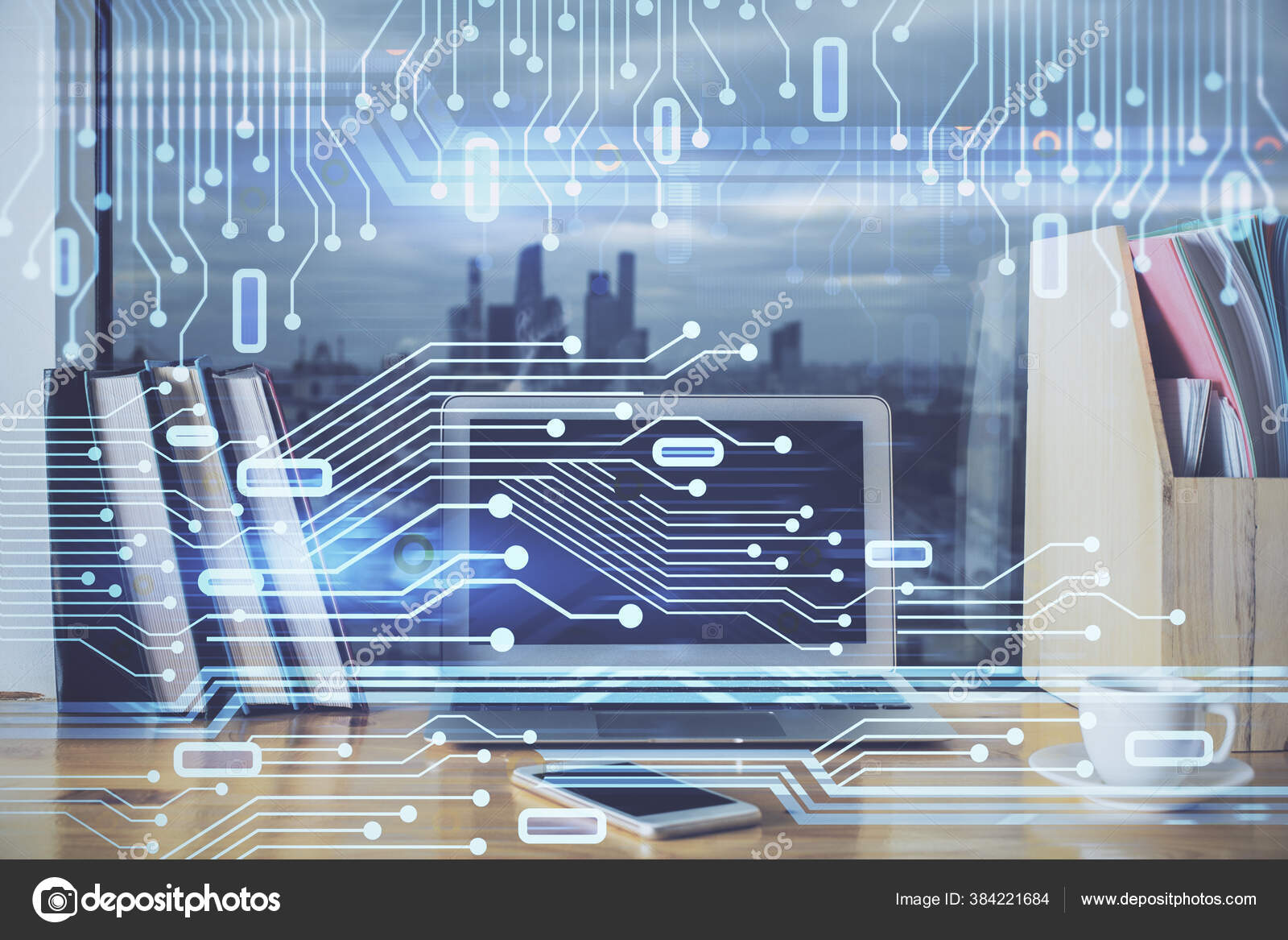 Double exposure of computer and technology theme drawing. Concept of ...