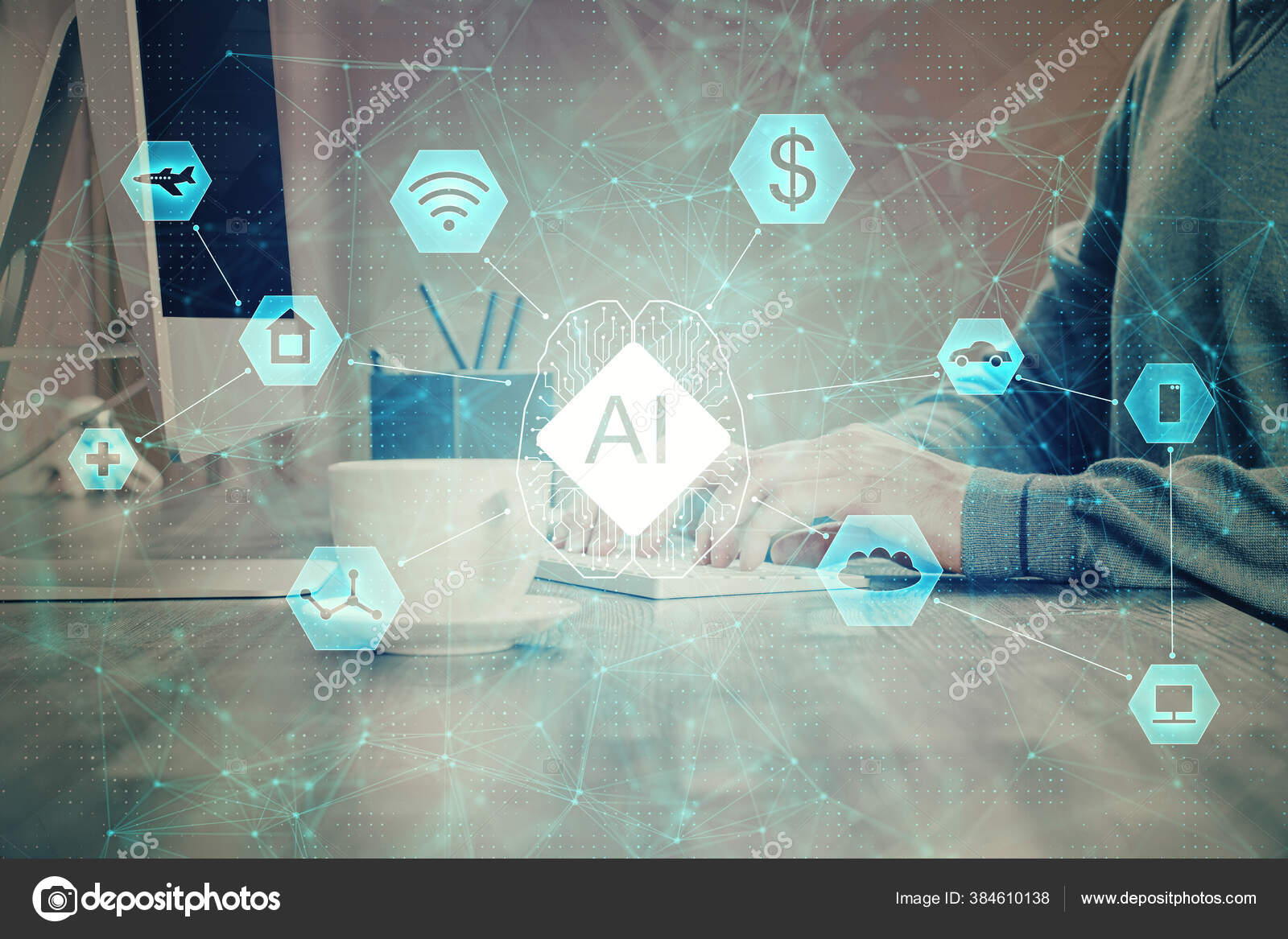 Double exposure of tech drawings with hands working on computer ...