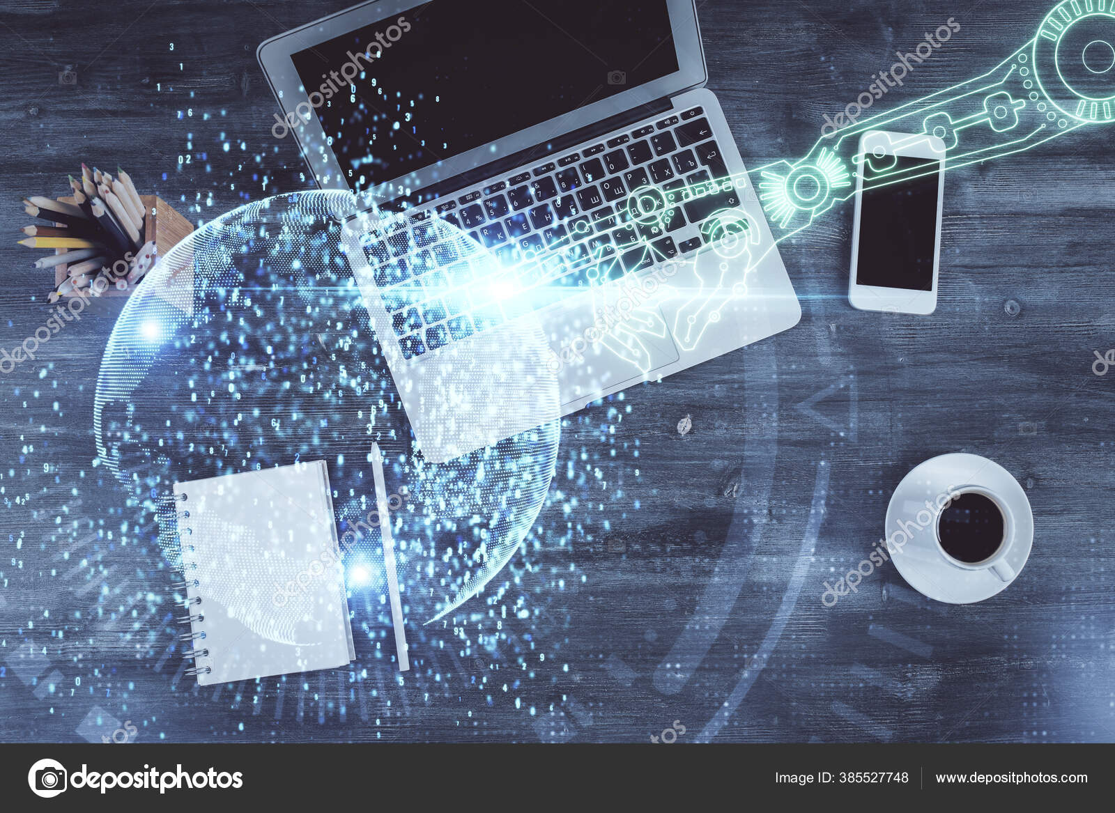 Double exposure of data drawing hologram over topview of study desk ...