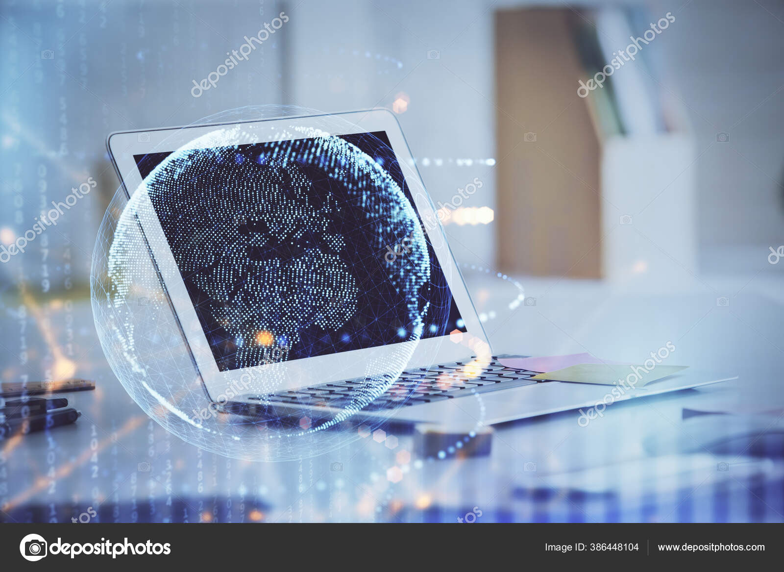 Multi exposure of table with computer and world map hologram ...