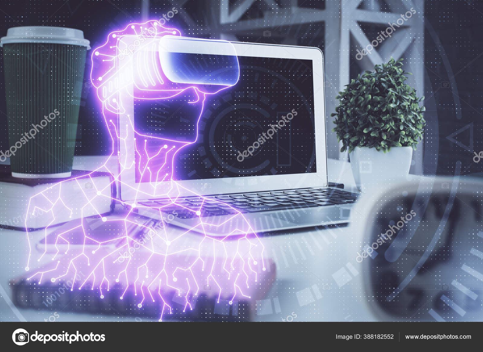 Computer on desktop with AR theme icon. Multi exposure. Concept of ...