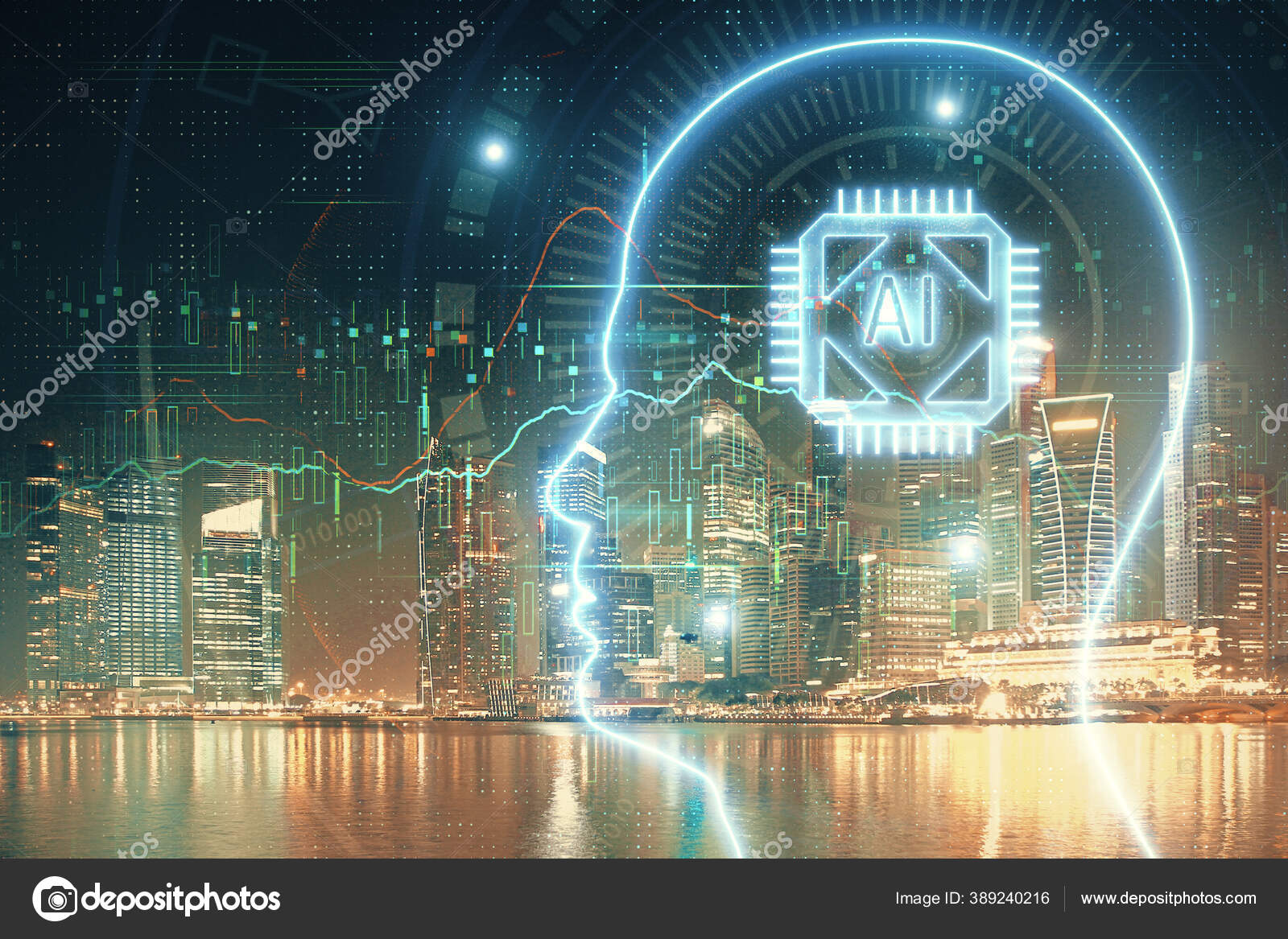 Brain hologram drawing on city scape background Double exposure ...