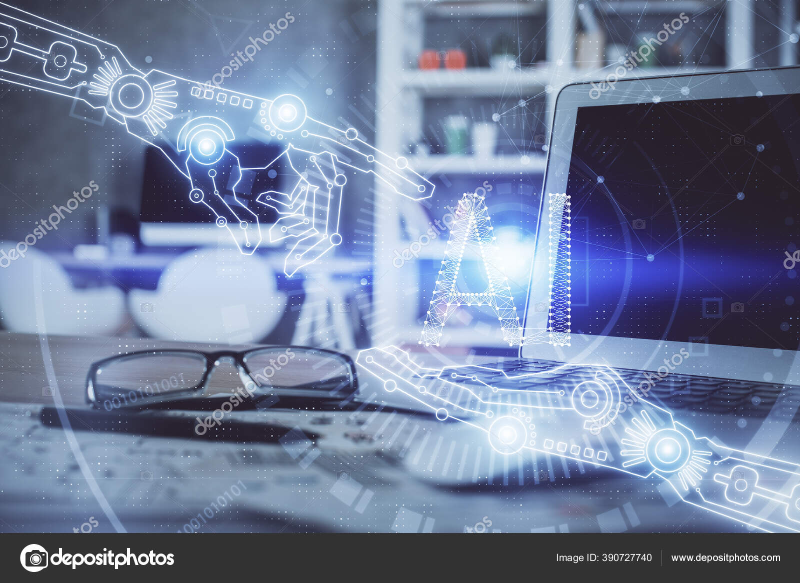 Technology theme drawing and table with computer. Multi exposure ...
