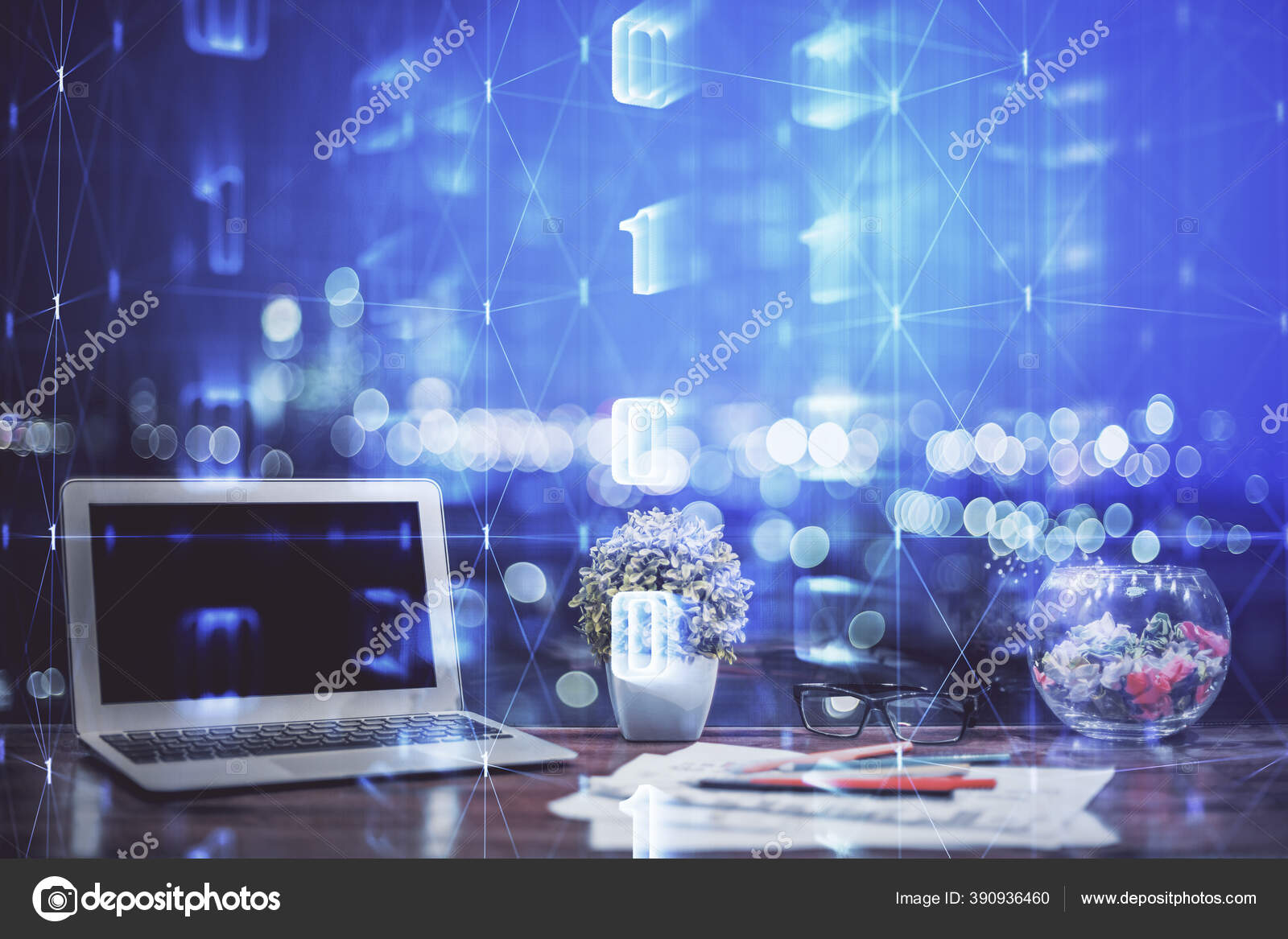 Double exposure of computer and technology theme drawing. Concept of ...