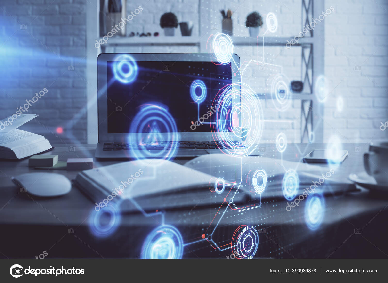 Technology theme drawing and table with computer. Multi exposure ...