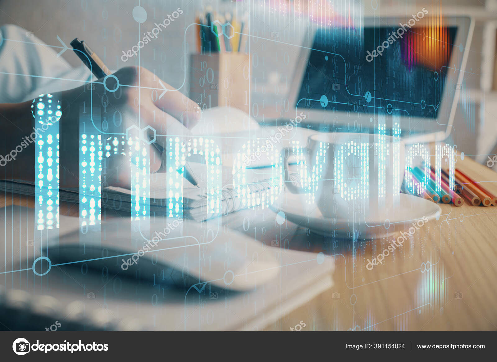 Double exposure of hands making notes with digital coding icons ...