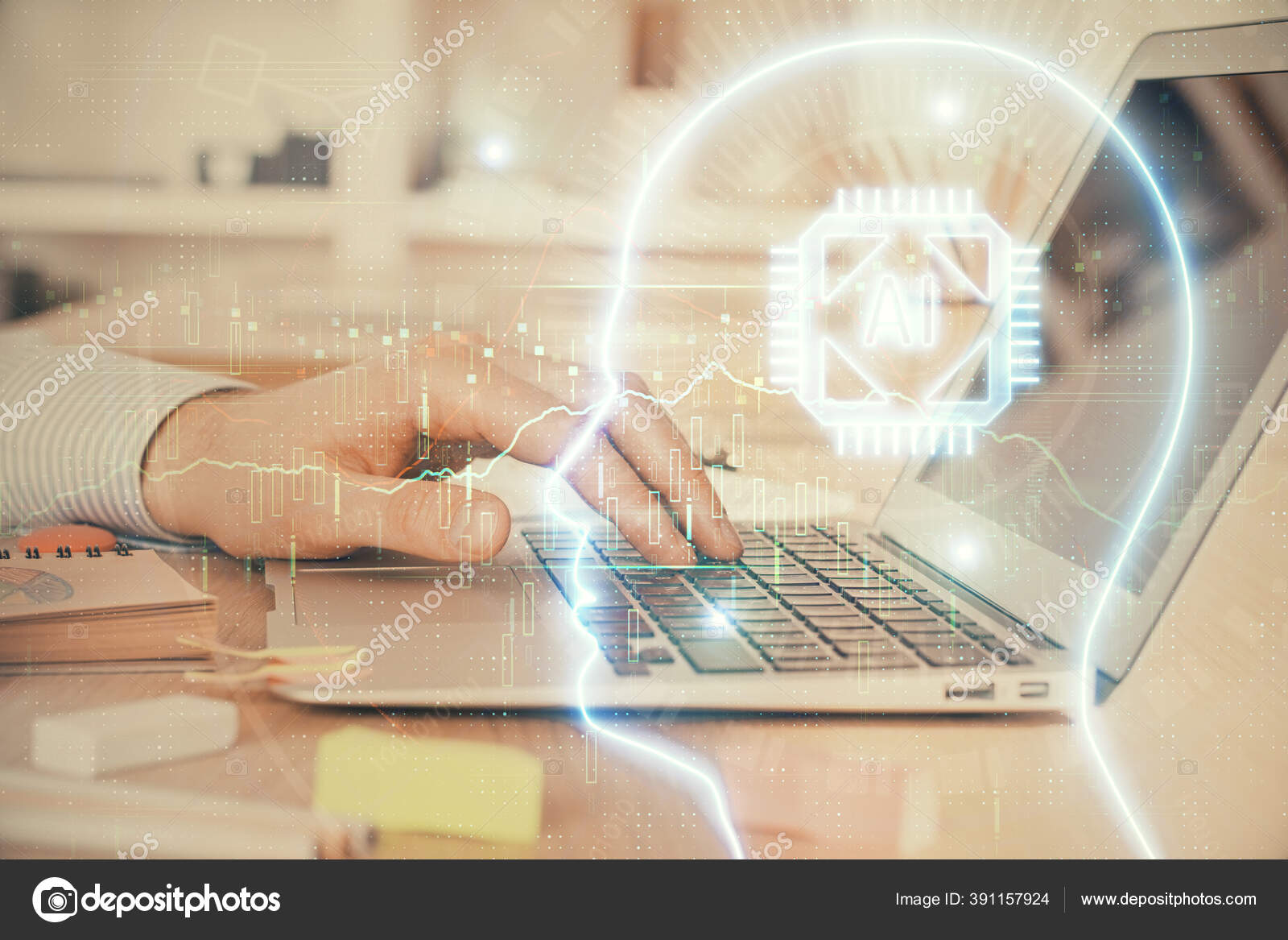 Man typing on keyboard background with brain hologram. Concept of big Data. Double exposure ...