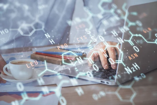 Science formula hologram with man working on computer on background ...