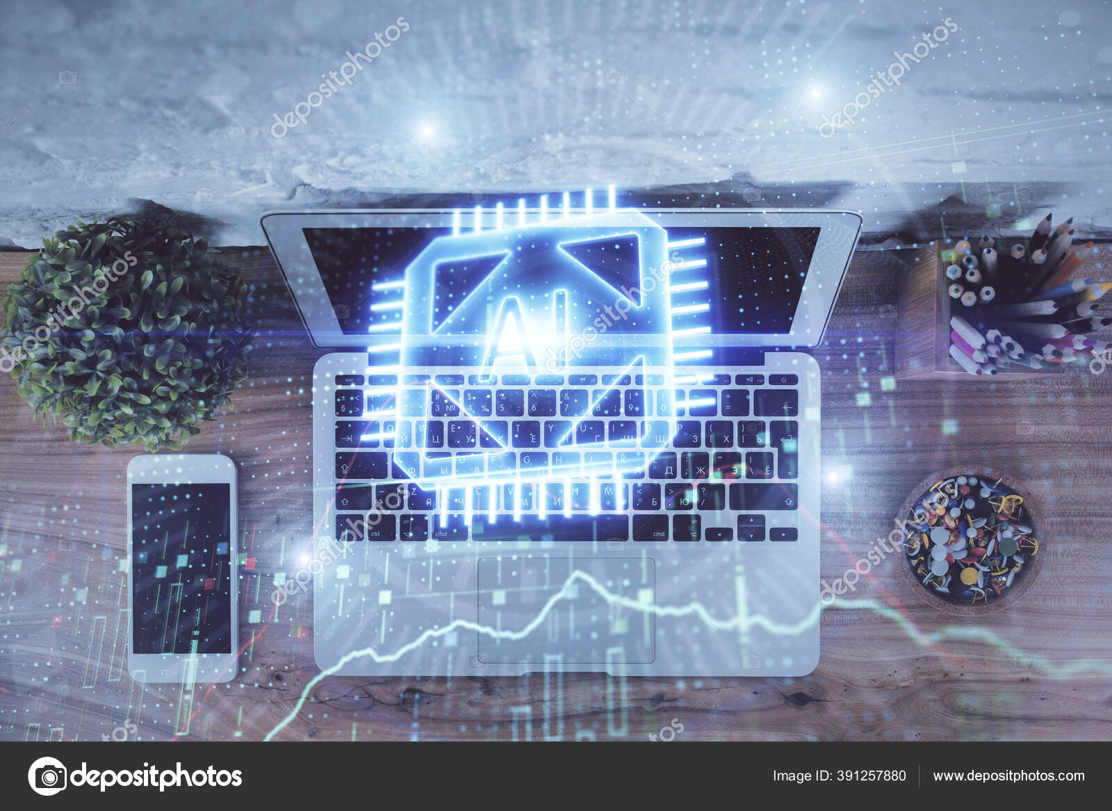 Double exposure of data hologram sketch over study table background ...