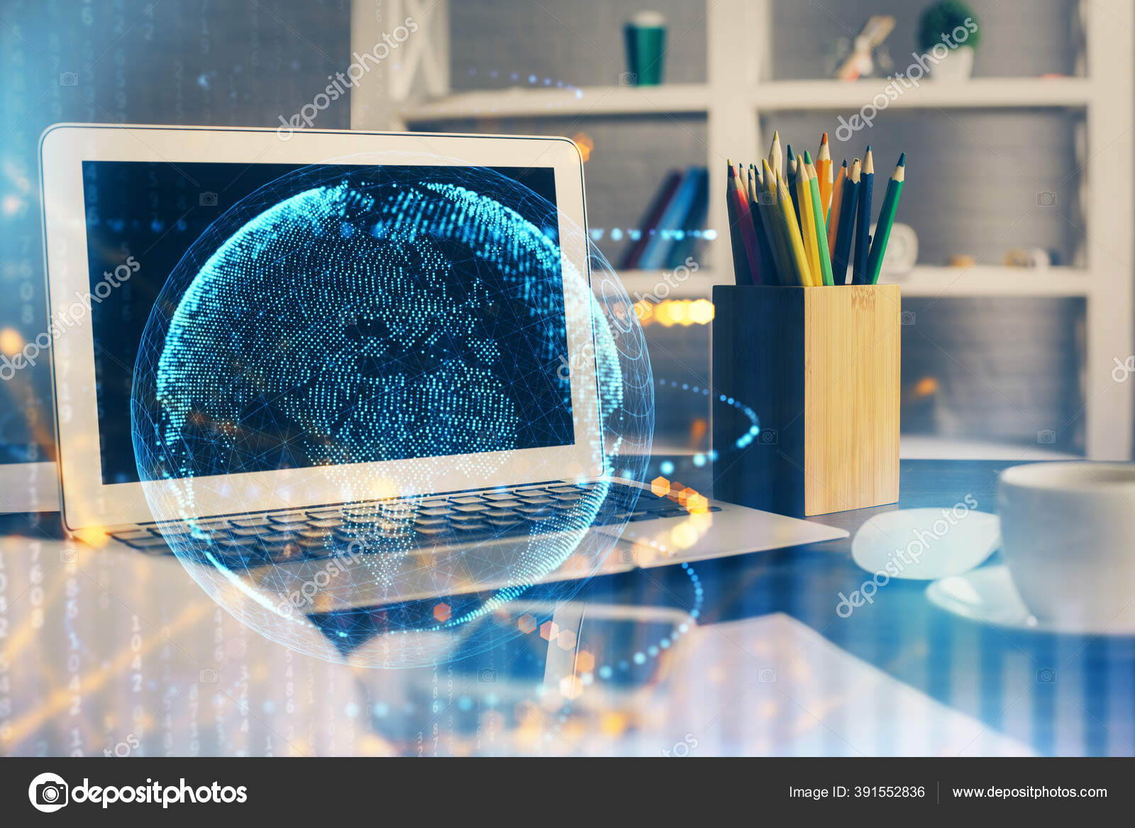 Double exposure of desktop with computer and world map hologram ...