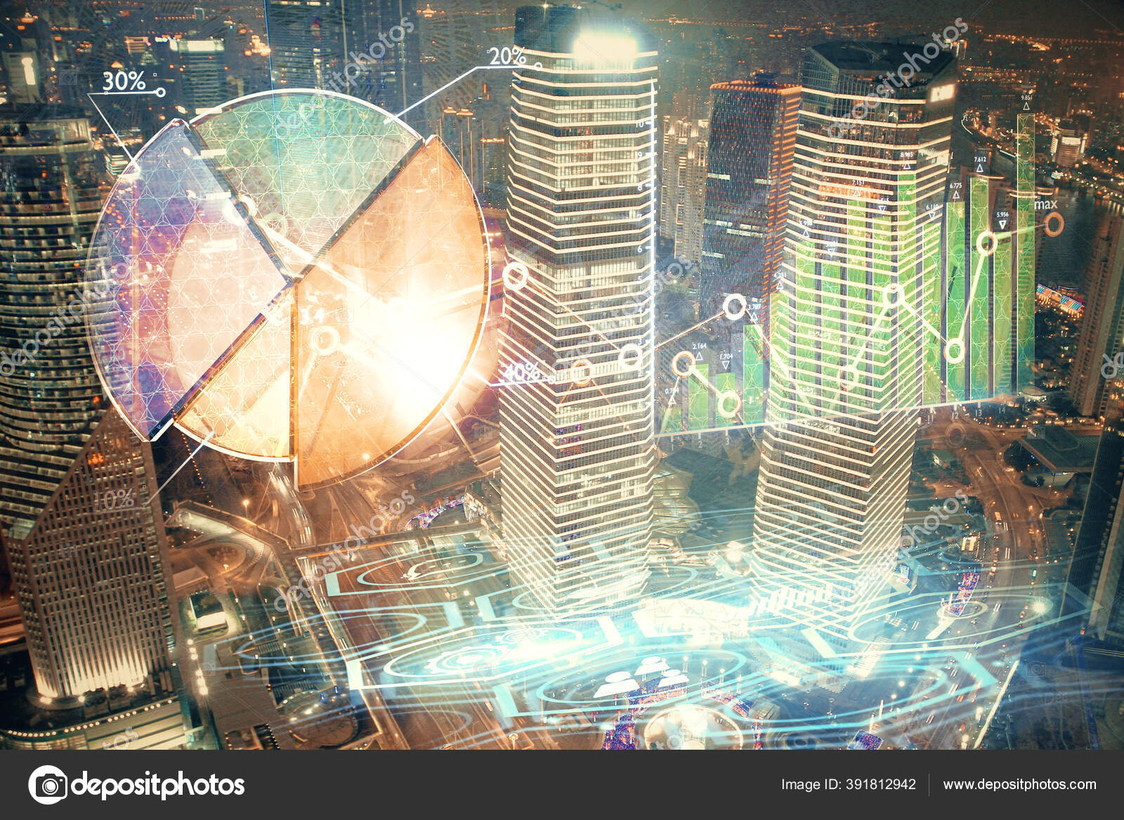 Financial chart on city scape with tall buildings background multi ...