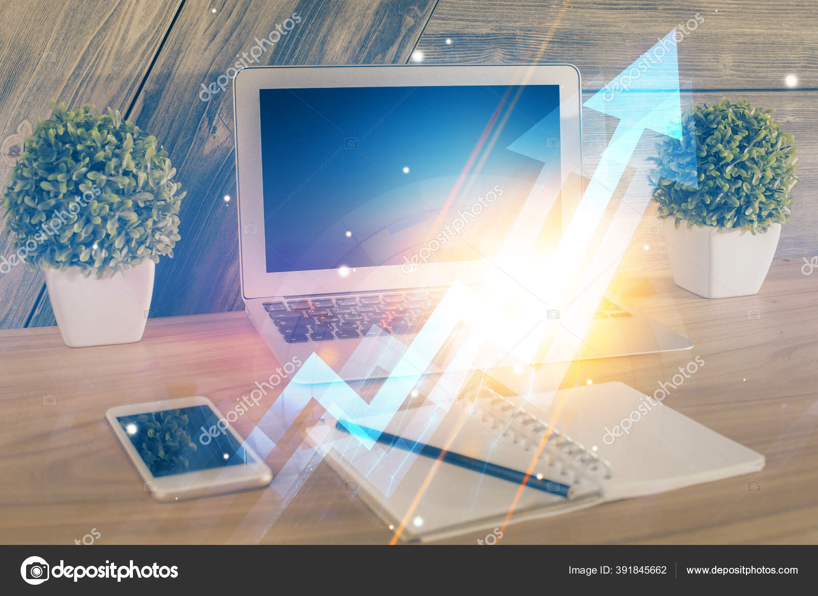 Computer on desktop with point up arrows hologram. Double exposure ...