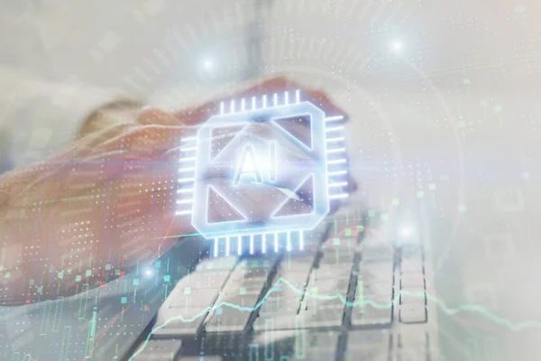 Multi exposure of tech drawings with man working on computer background ...