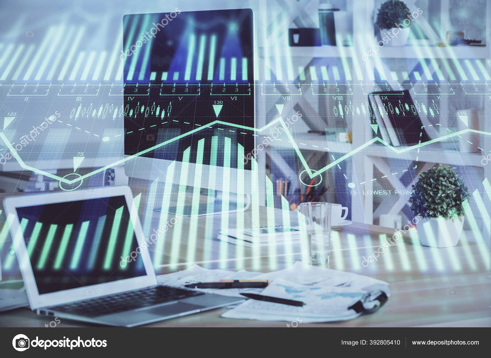 Multi exposure of computer on background and technology theme drawing ...