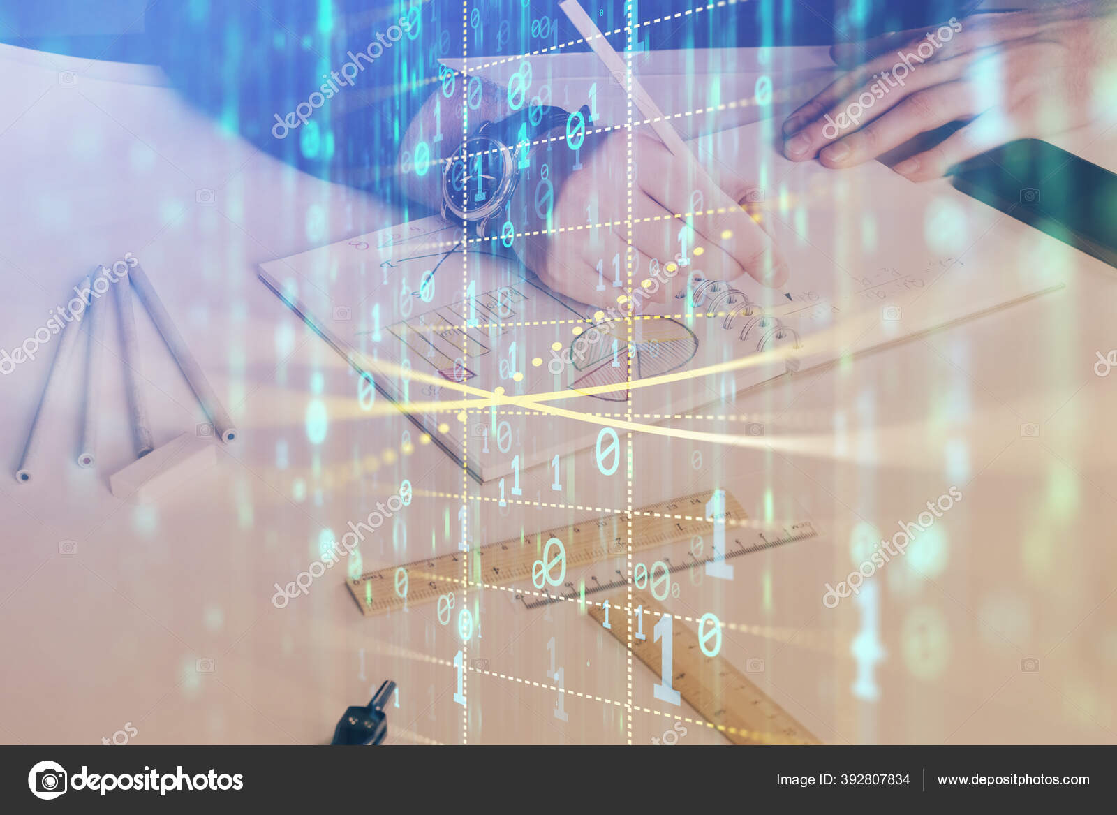 Human hands with tech theme double exposure drawings. — Stock Photo ...