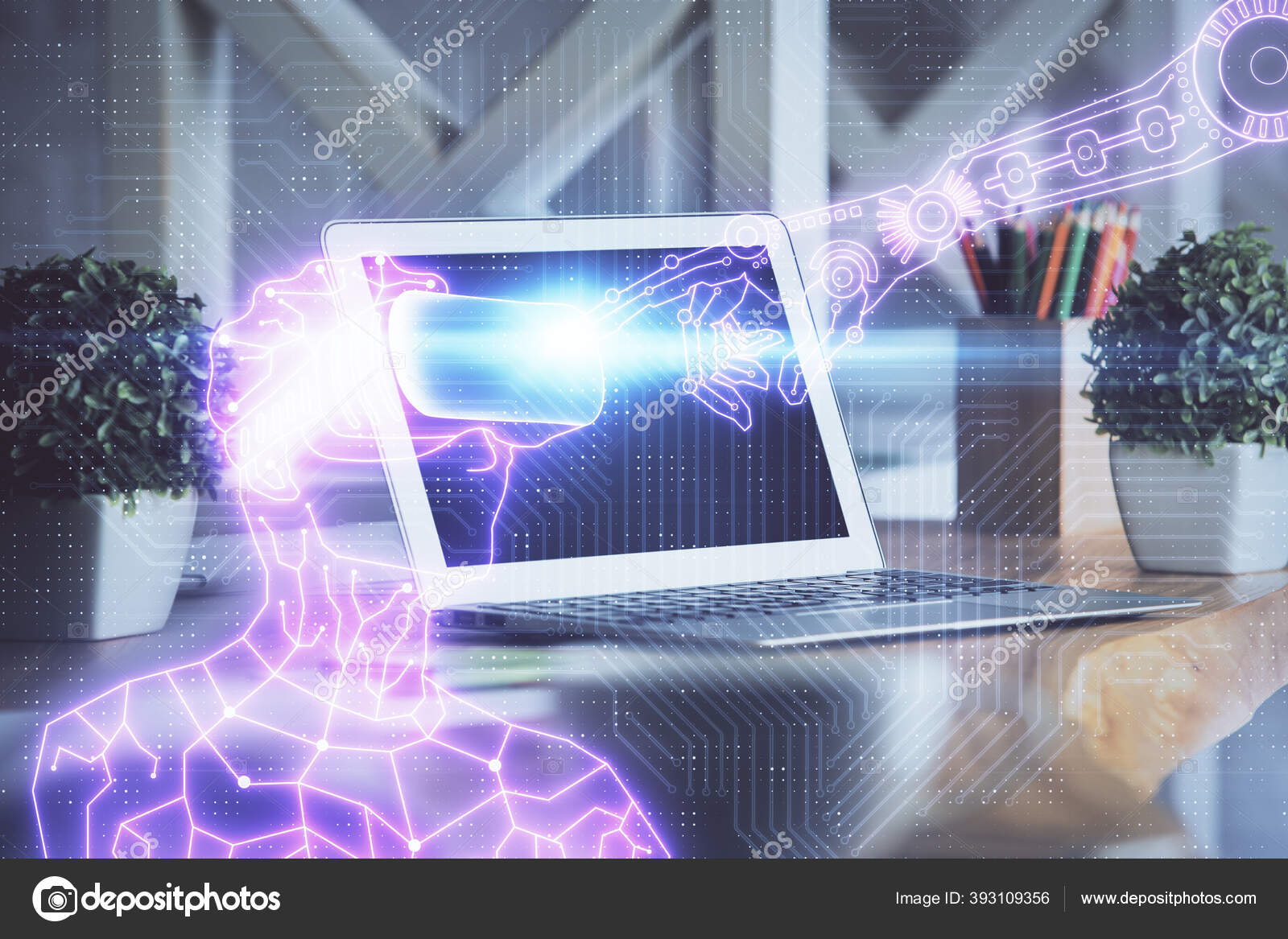 Computer on desktop with AR theme icon. Multi exposure. Concept of ...