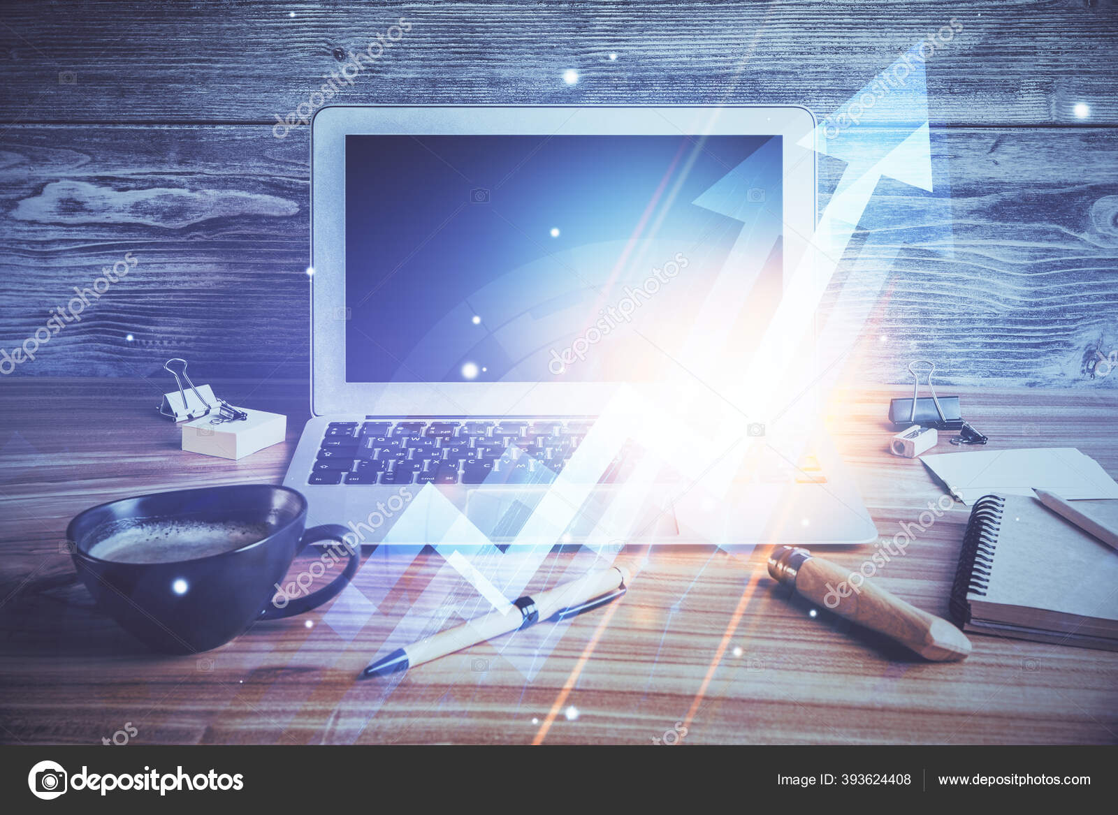 Computer on desktop with point up arrows hologram. Double exposure ...