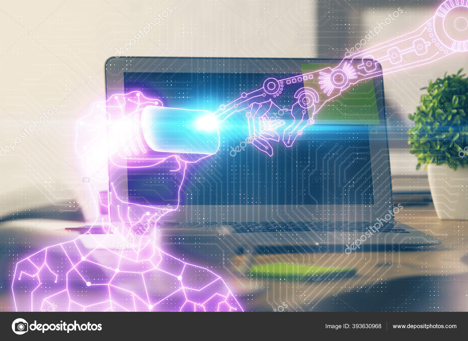 Computer on desktop with AR theme icon. Multi exposure. Concept of ...