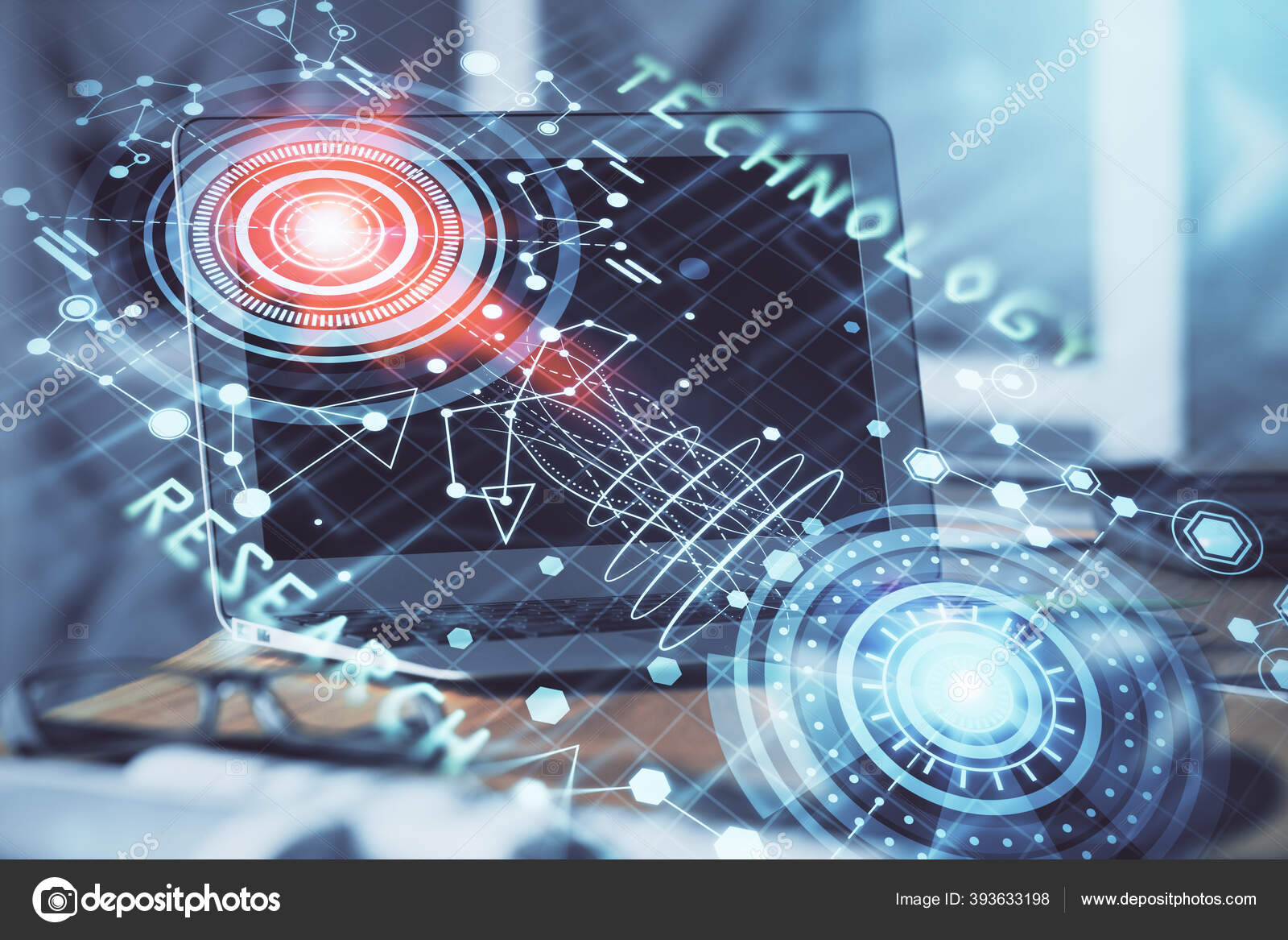 Multi exposure of computer on background and technology theme drawing ...
