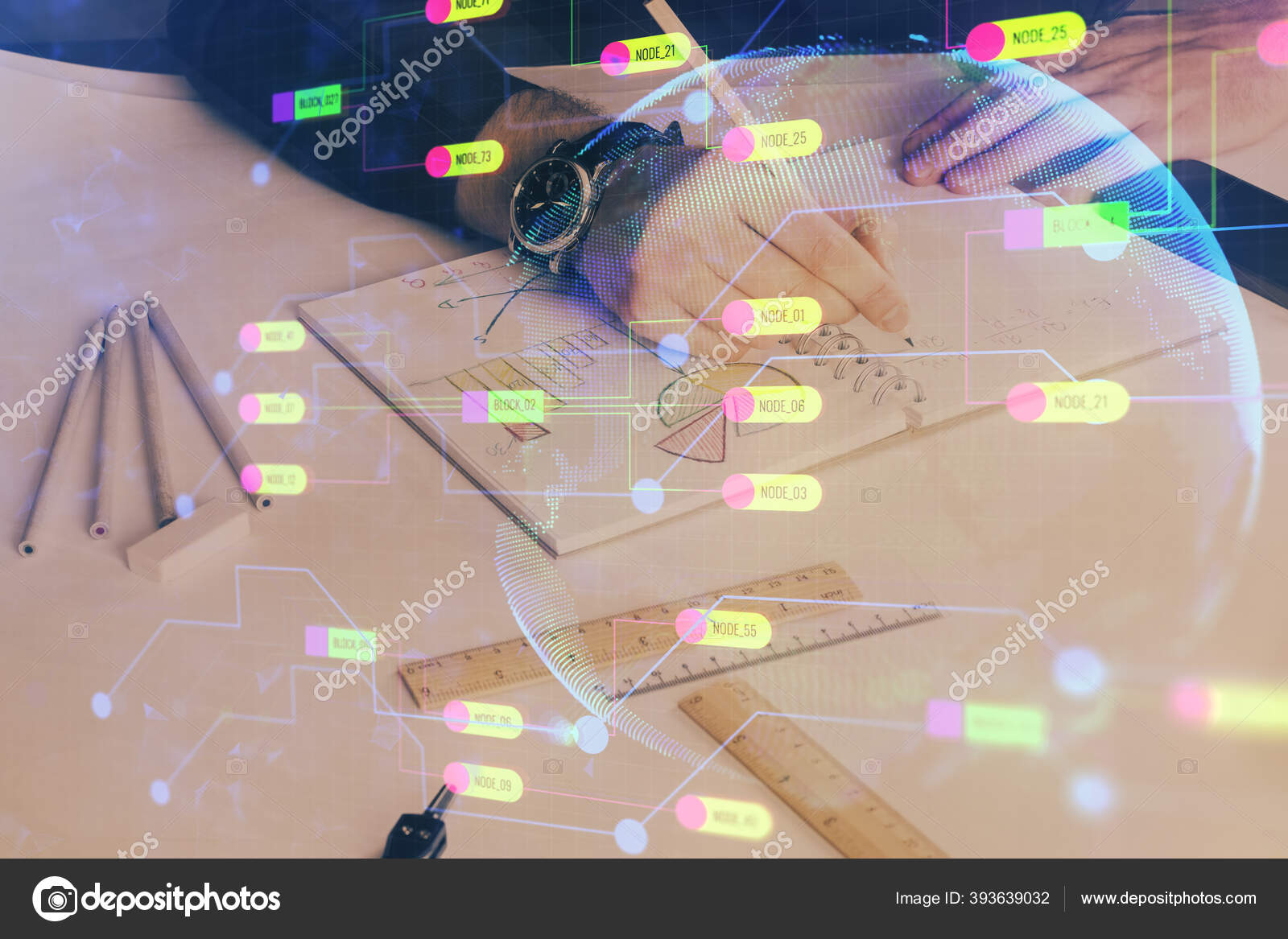 Human hands with tech theme double exposure drawings. — Stock Photo ...