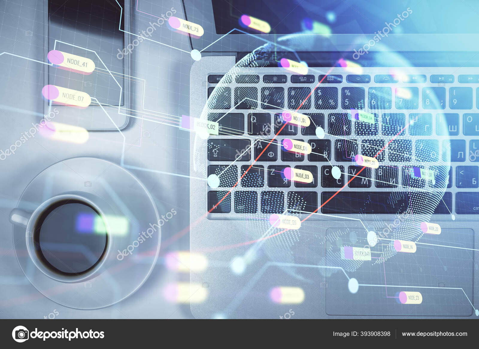 Double exposure of map hologram drawing over study table background ...