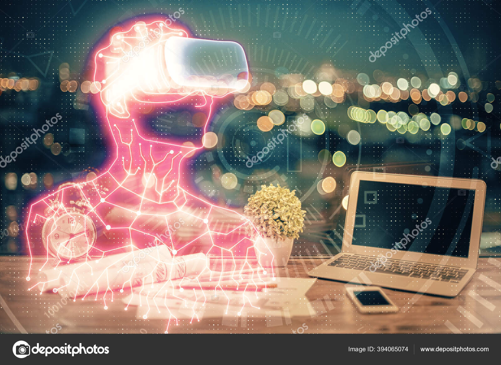 Computer on desktop with AR theme icon. Multi exposure. Concept of ...