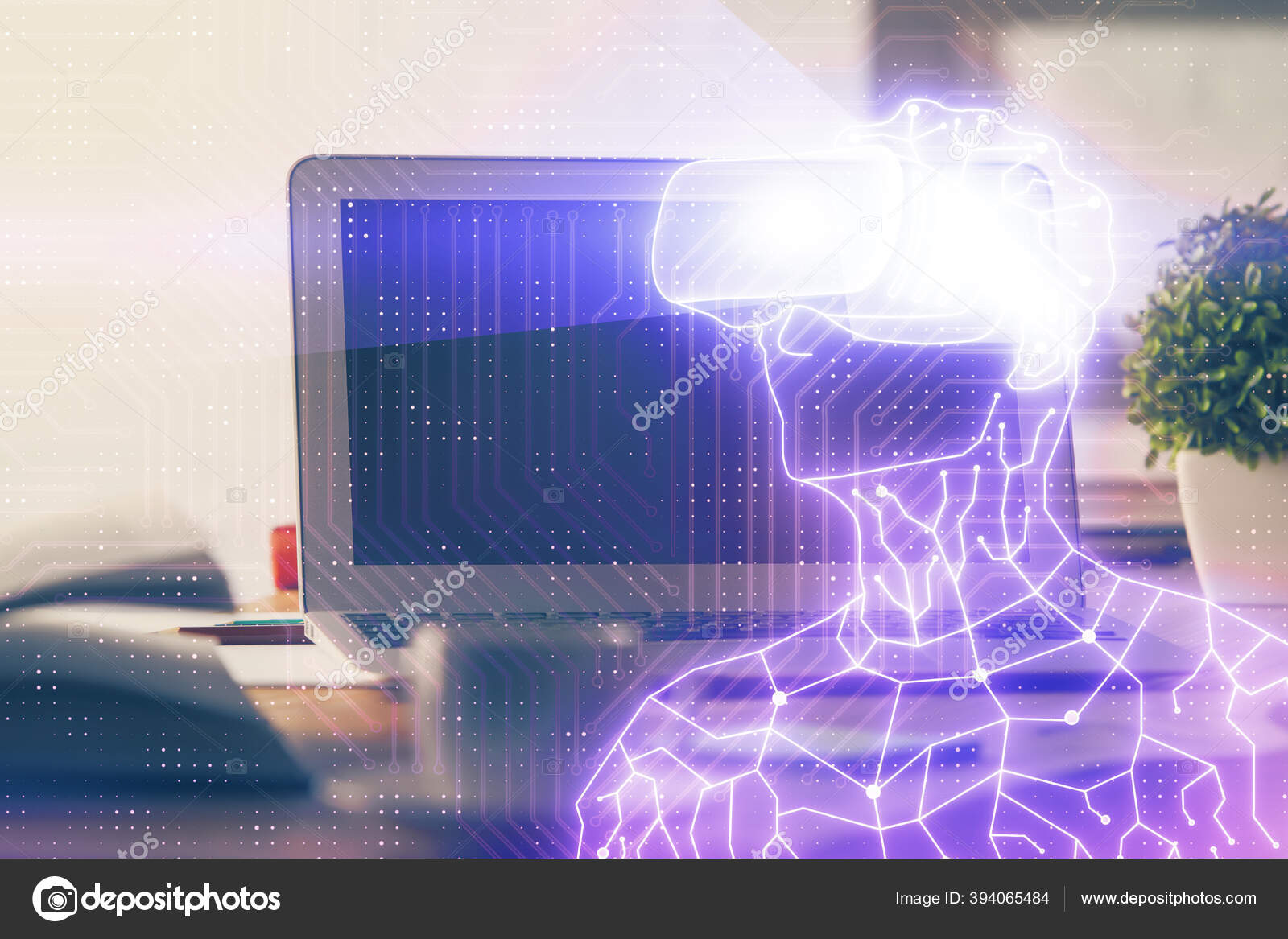 Computer on desktop with AR theme icon. Multi exposure. Concept of ...