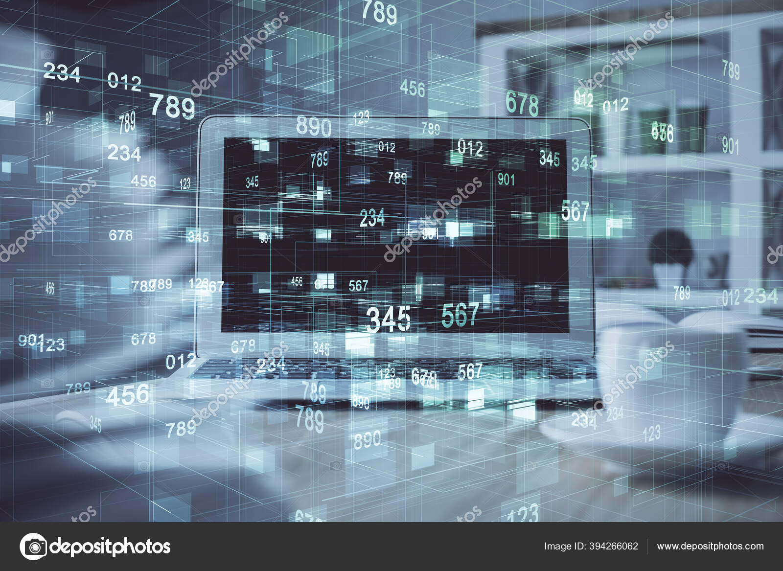 Technology theme drawing and table with computer. Multi exposure ...