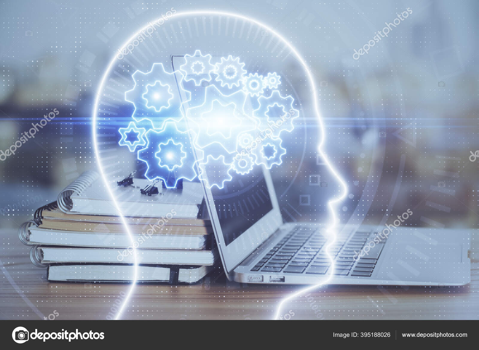 Multi exposure of work table with computer and brain hologram ...