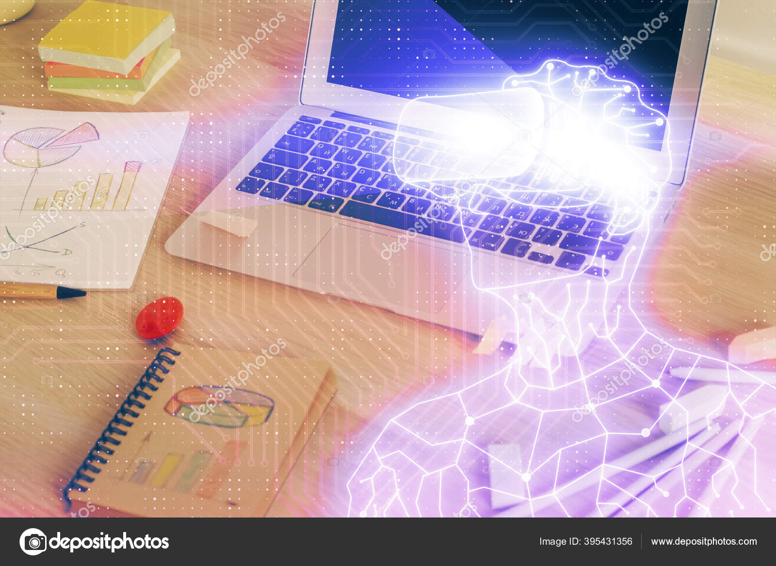 Computer on desktop with AR theme icon. Multi exposure. Concept of ...