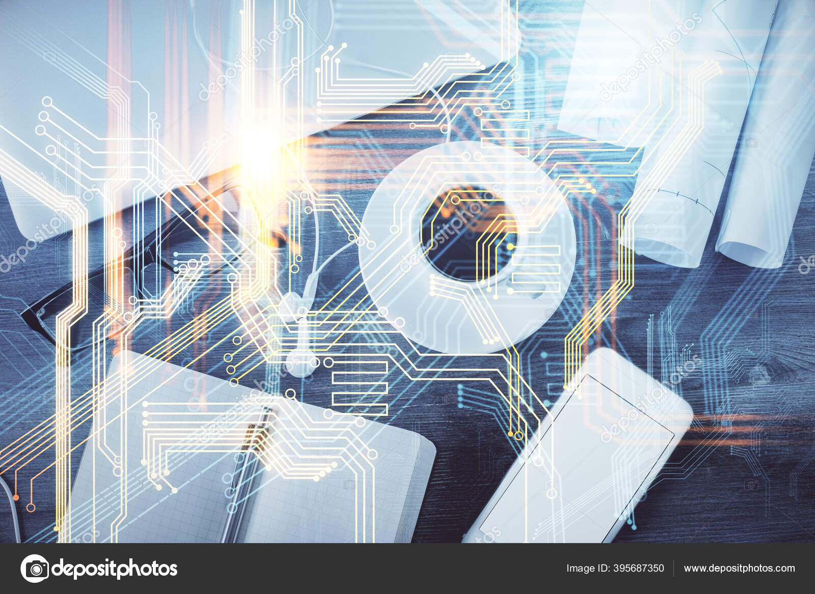 Double exposure of map hologram drawing over study table background ...