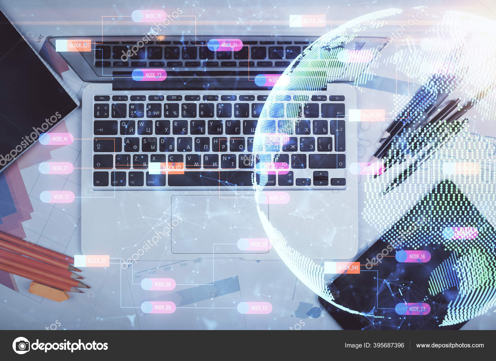 Double exposure of map hologram drawing over study table background ...