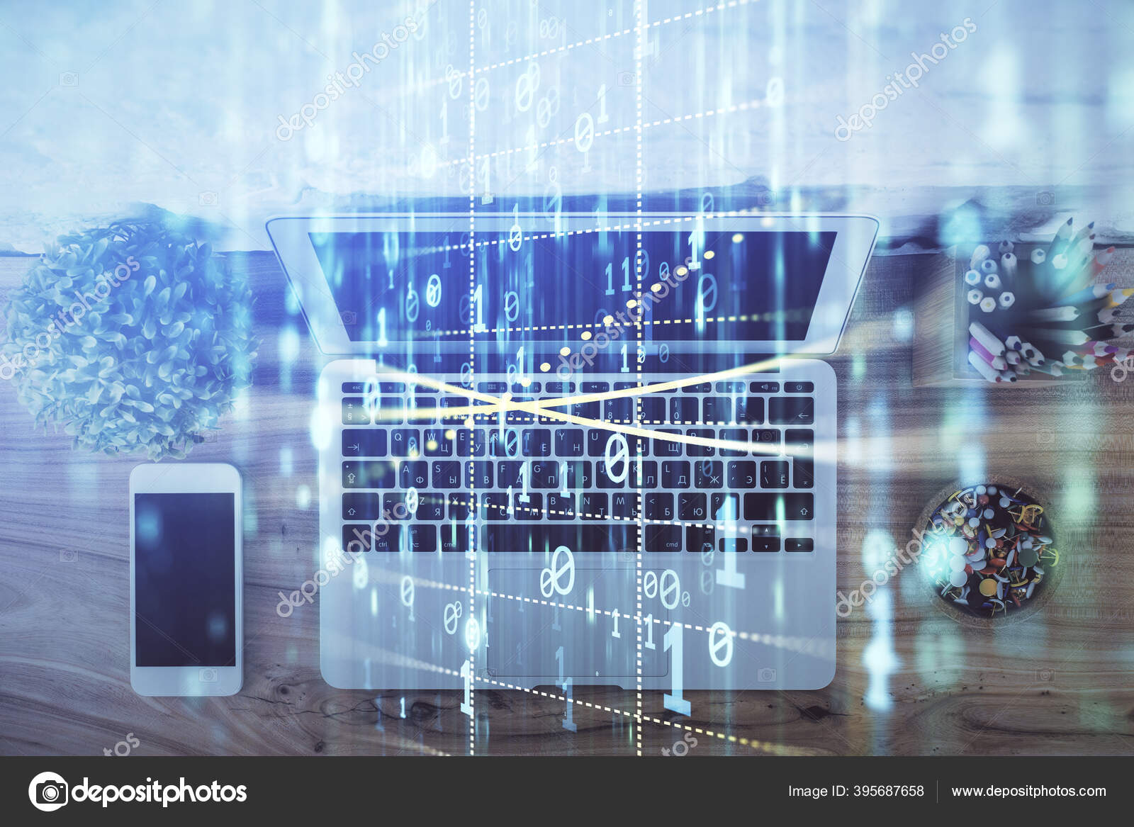 Double exposure of data hologram sketch over study table background ...