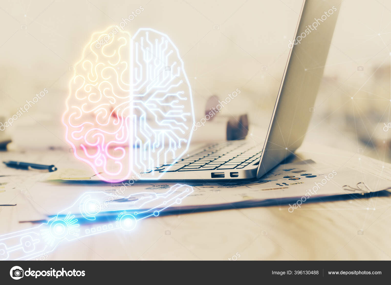 Double exposure of desktop computer and human brain drawing hologram ...