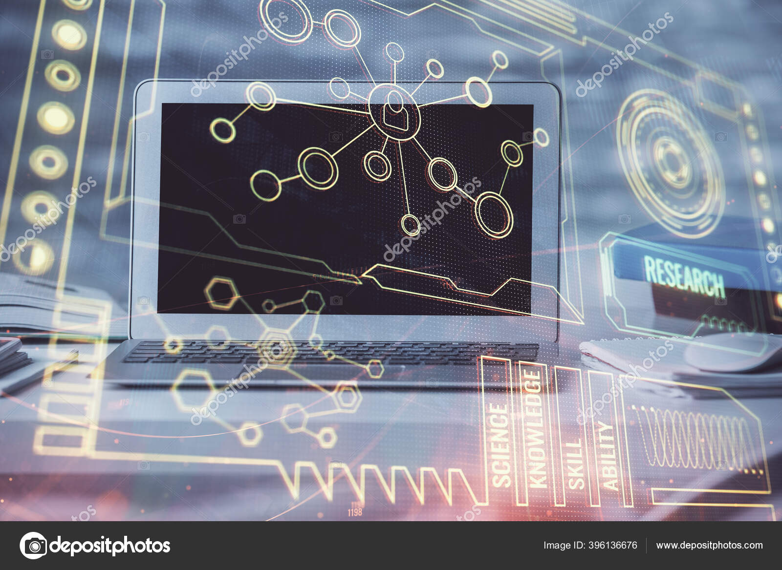 Double exposure of computer and technology theme drawing. Concept of ...