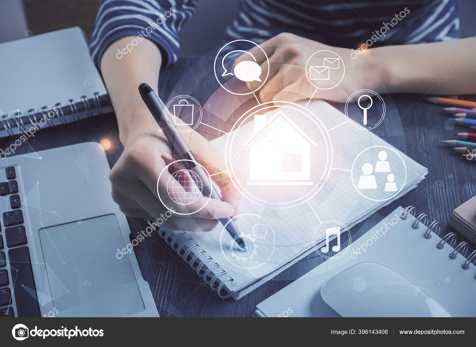 IOT drawing over writing hands in notepad background. Concept of smart ...