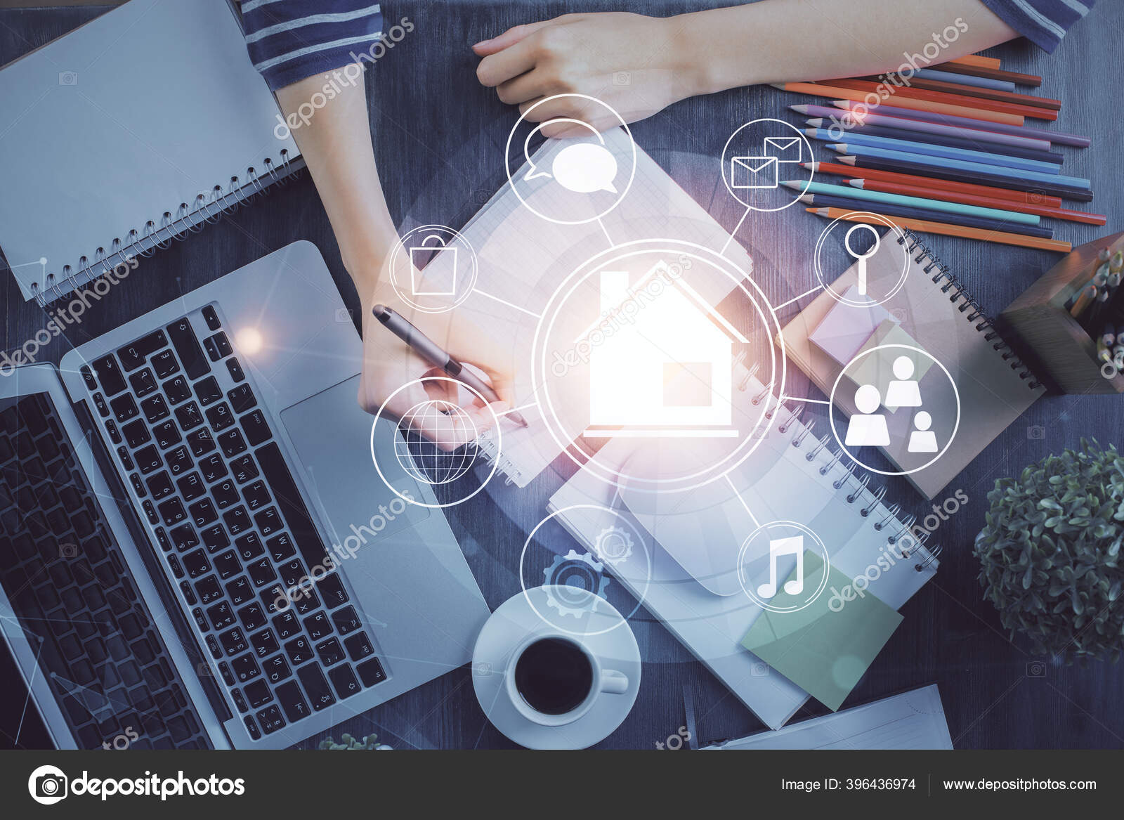 IOT drawing over writing hands in notepad background. Concept of smart ...