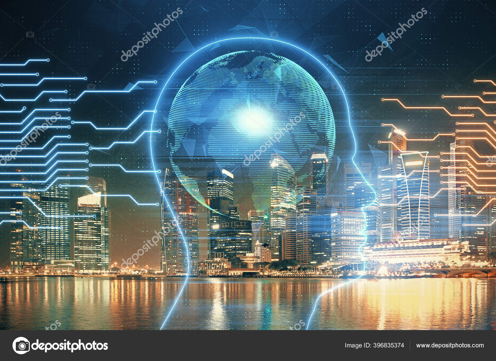 Brain hologram drawing on city scape background Double exposure ...