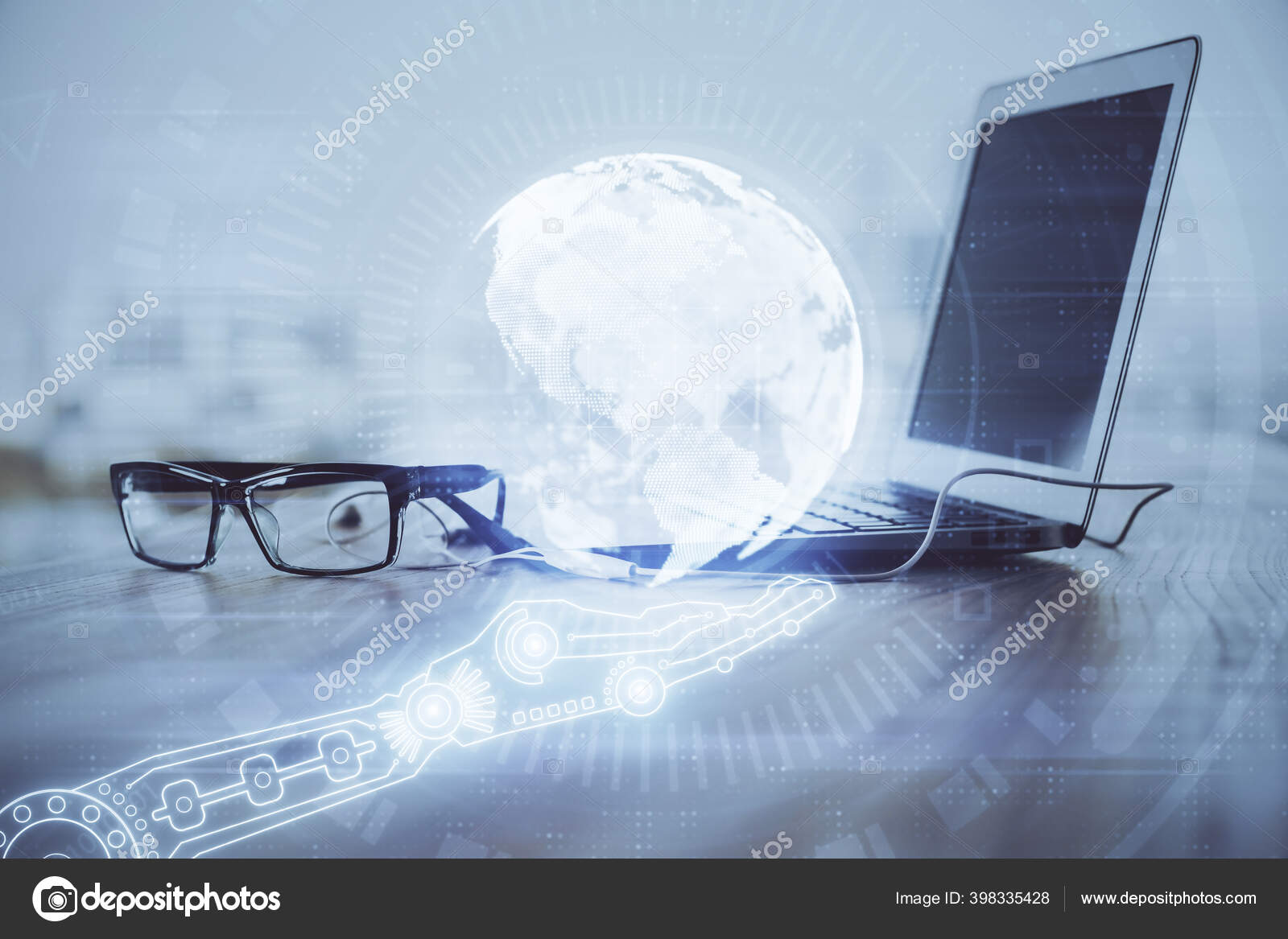 Multi Exposure Table Computer World Map Hologram International Data ...