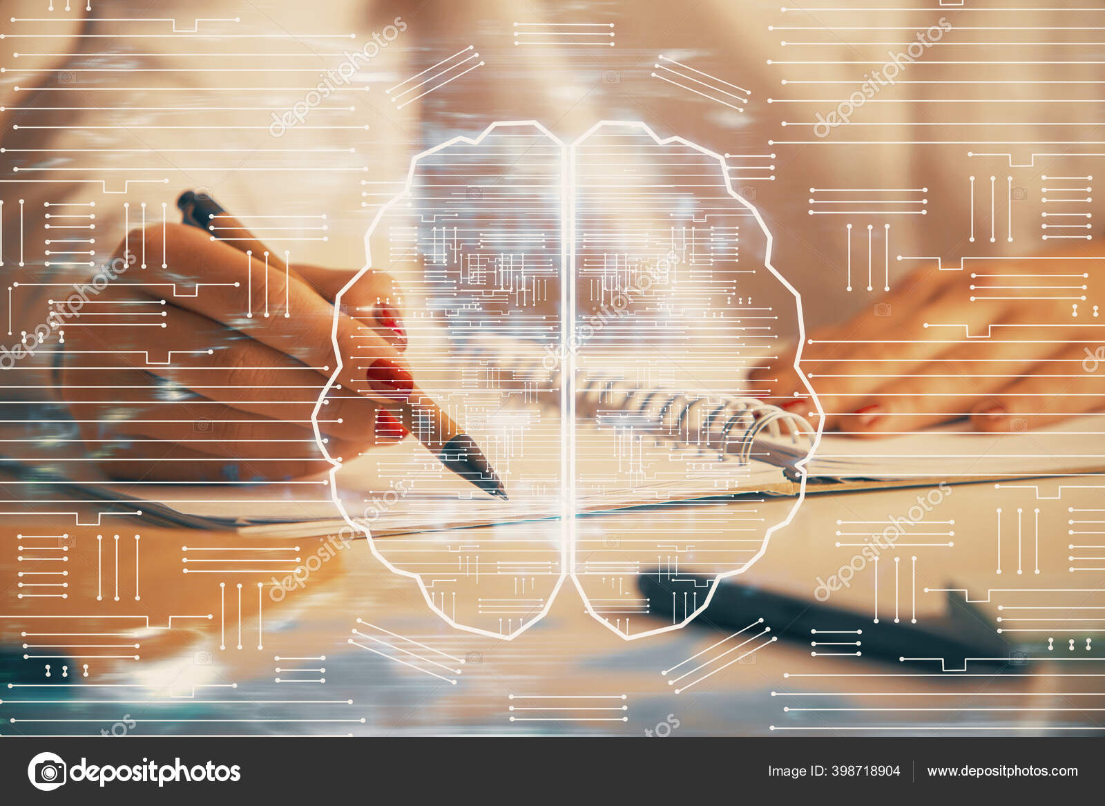 Double Exposure Woman's Writing Hand Background Brain Hologram Concept ...