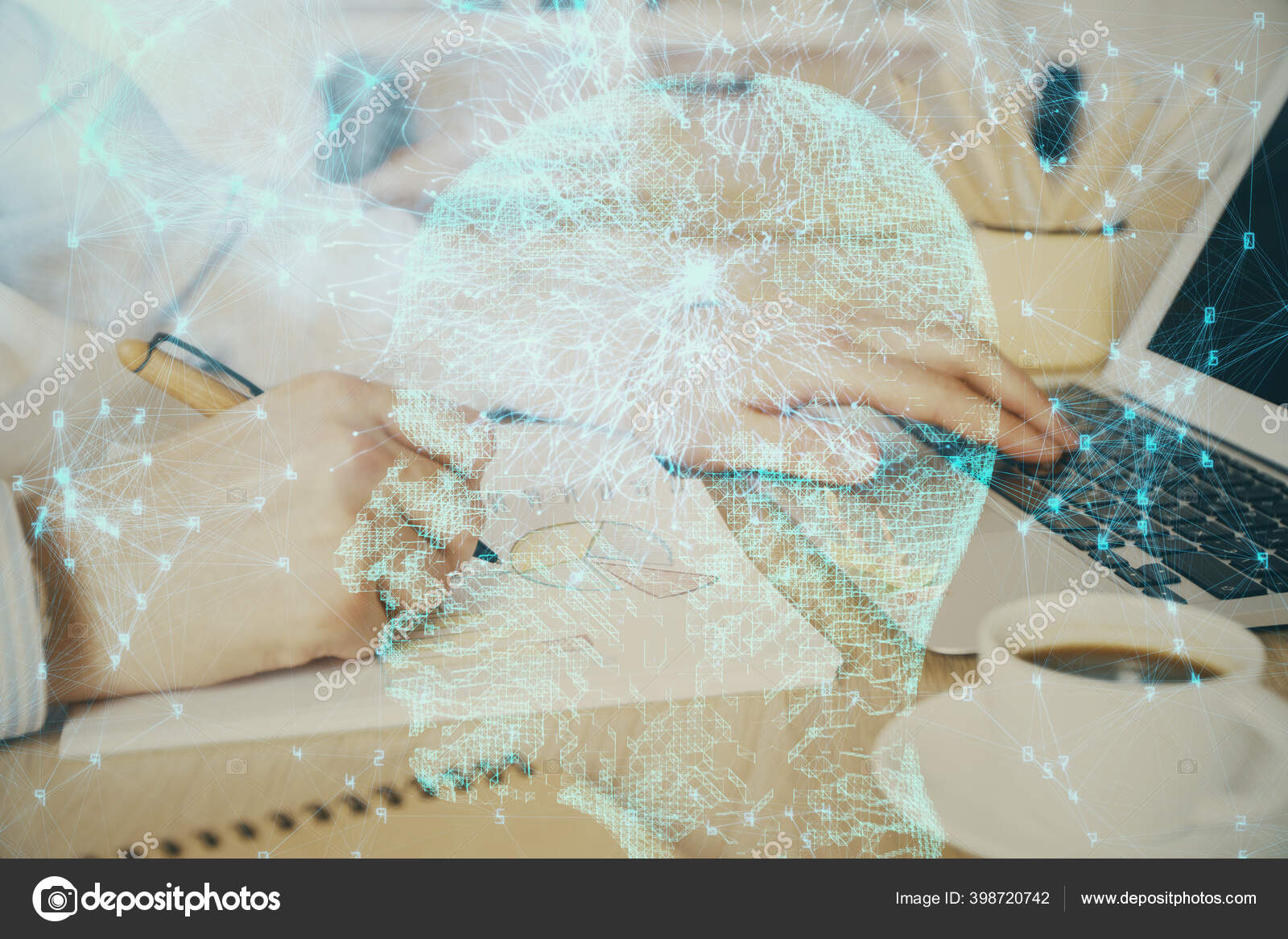 Man Typing Keyboard Background Brain Hologram Concept Big Data Double — Stock Photo © peshkova ...