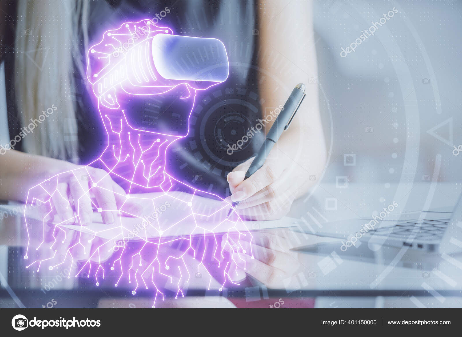 AR hologram over hands taking notes background. Concept of augmented ...