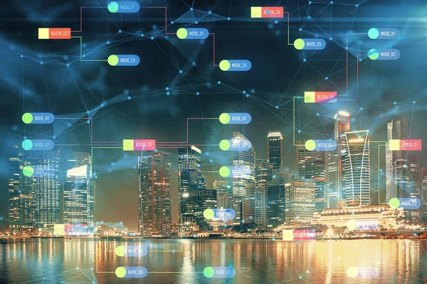 Data theme hologram drawing on city view with skyscrapers background ...